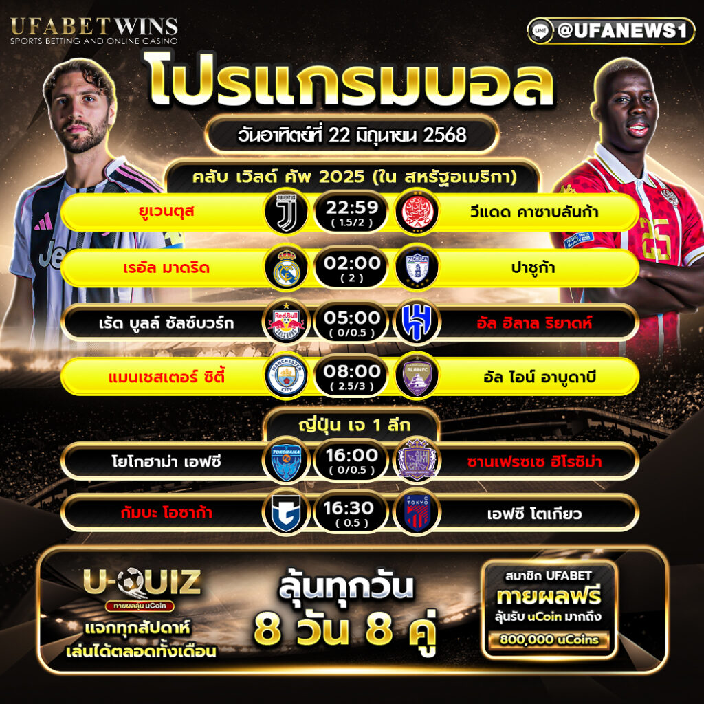 โปรแกรมฟุตบอล วันที่ 22 มิถุนายน 2568 | คลับ เวิลด์ คัพ & เจลีก
