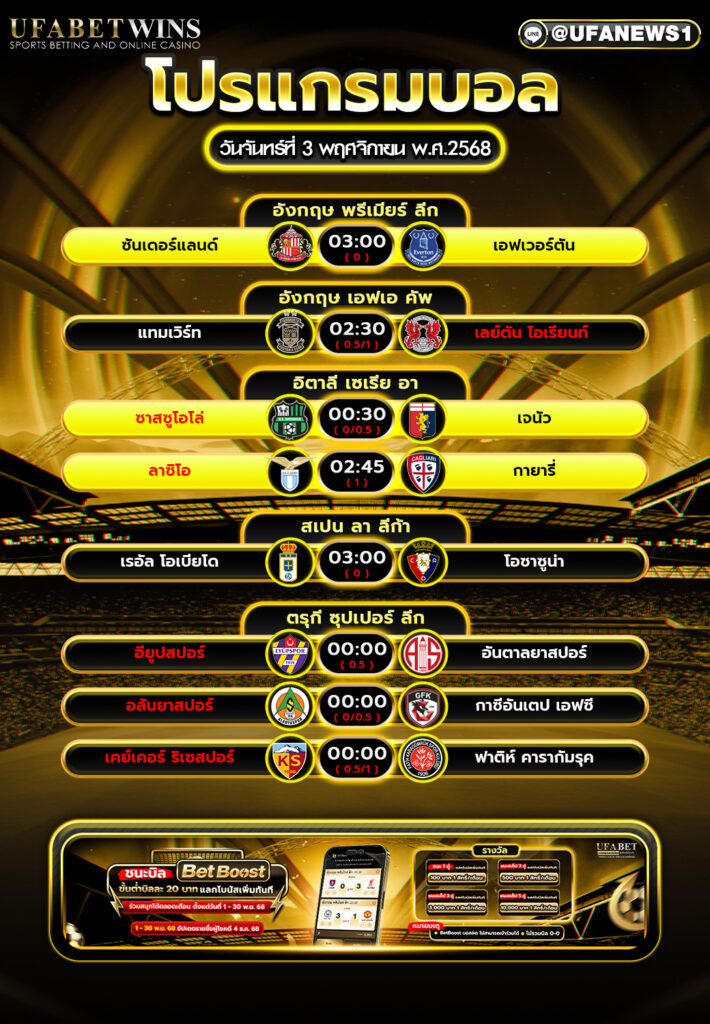 โปรแกรมฟุตบอล 3 พฤศจิกายน 2568
